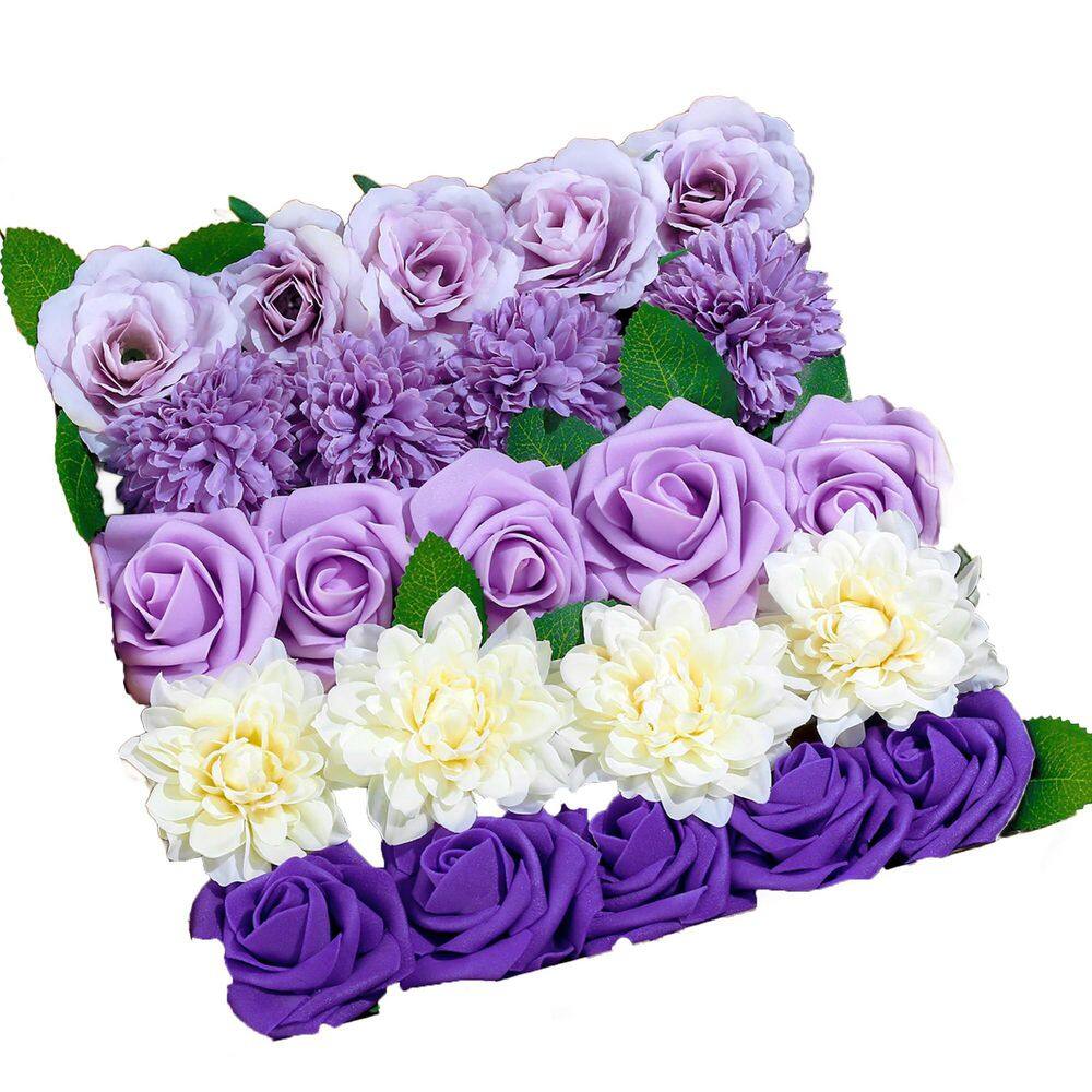 Artificial Flowers Combo 9.84 in. Purple Silk Foam Roses Dahlias ...