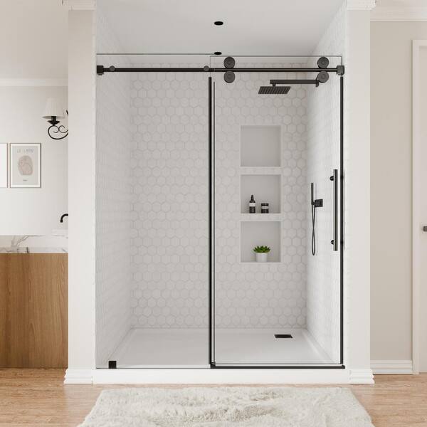 SHAAMA 60 in. W x 76 in. H Double Sliding Frameless Shower Door in Matte Black with Smooth ...