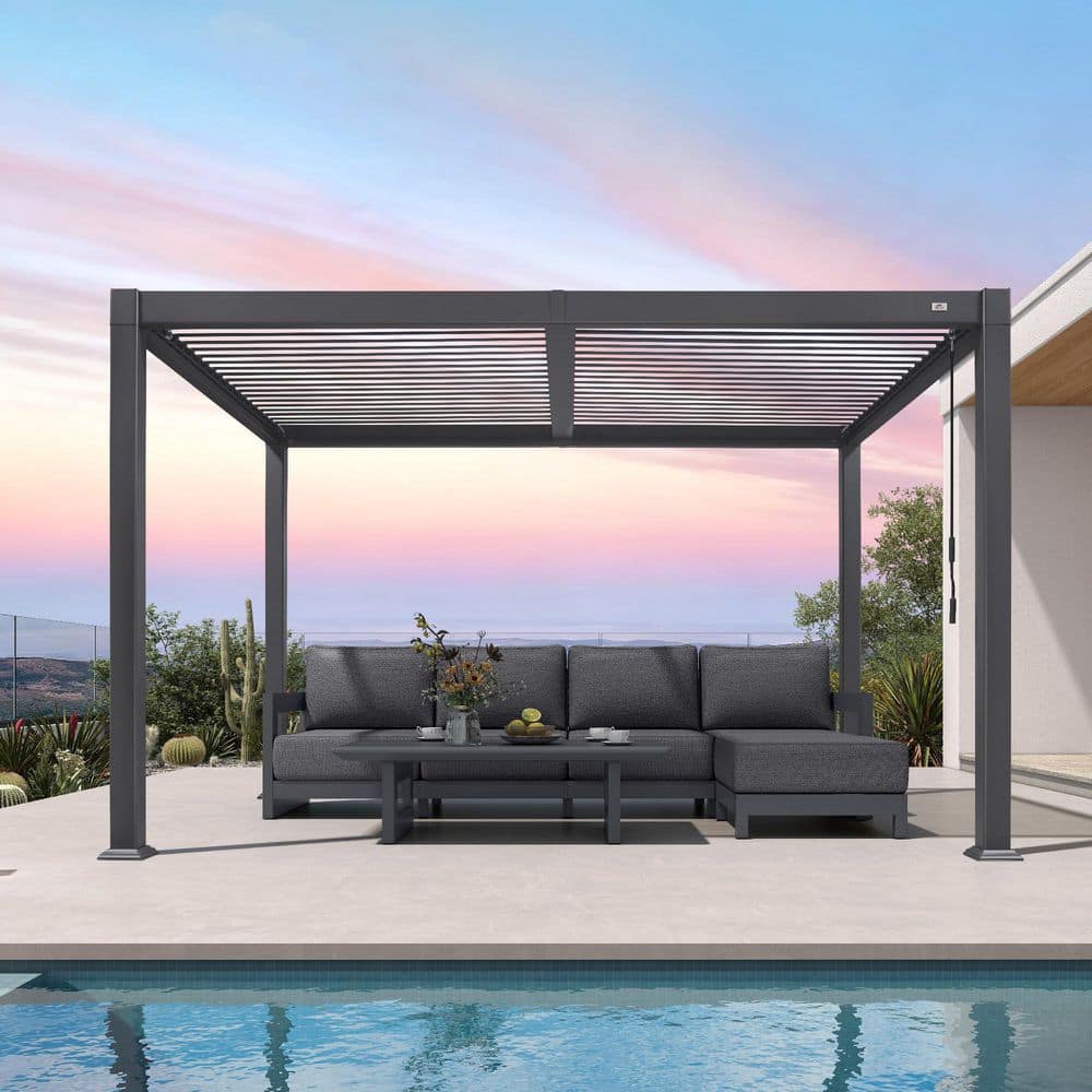 PURPLE LEAF 8 ft. x 12 ft. Gray Aluminum Outdoor Louvered Pergola with ...