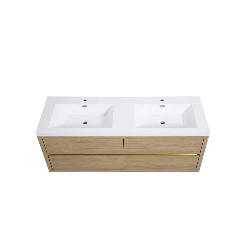 GDFSTUDIO Haven 59 in. Double Sinks Modern Floating Natural Oak Bath ...