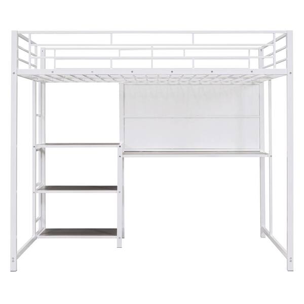 Modern White Full Size Metal Loft Bed with Built in Desk Whiteboard and 3 Storage Shelves