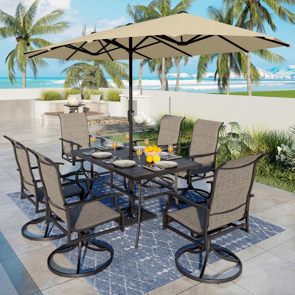 PHI VILLA 8-Piece Metal Outdoor Patio Dining Set with Padded Textilene ...