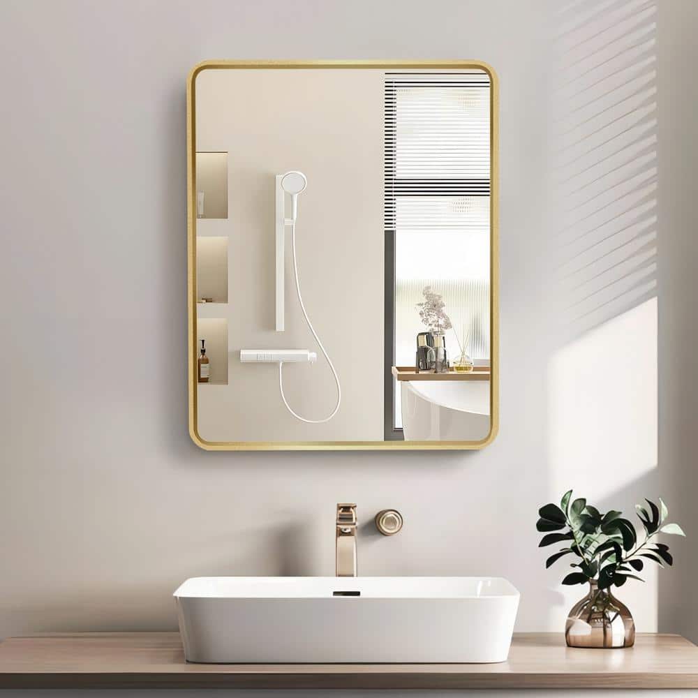 UPIKER Lifestyle 24 in. W x 30 in. H Large Rectangular Aluminum Gold Framed Medicine Cabinet ...
