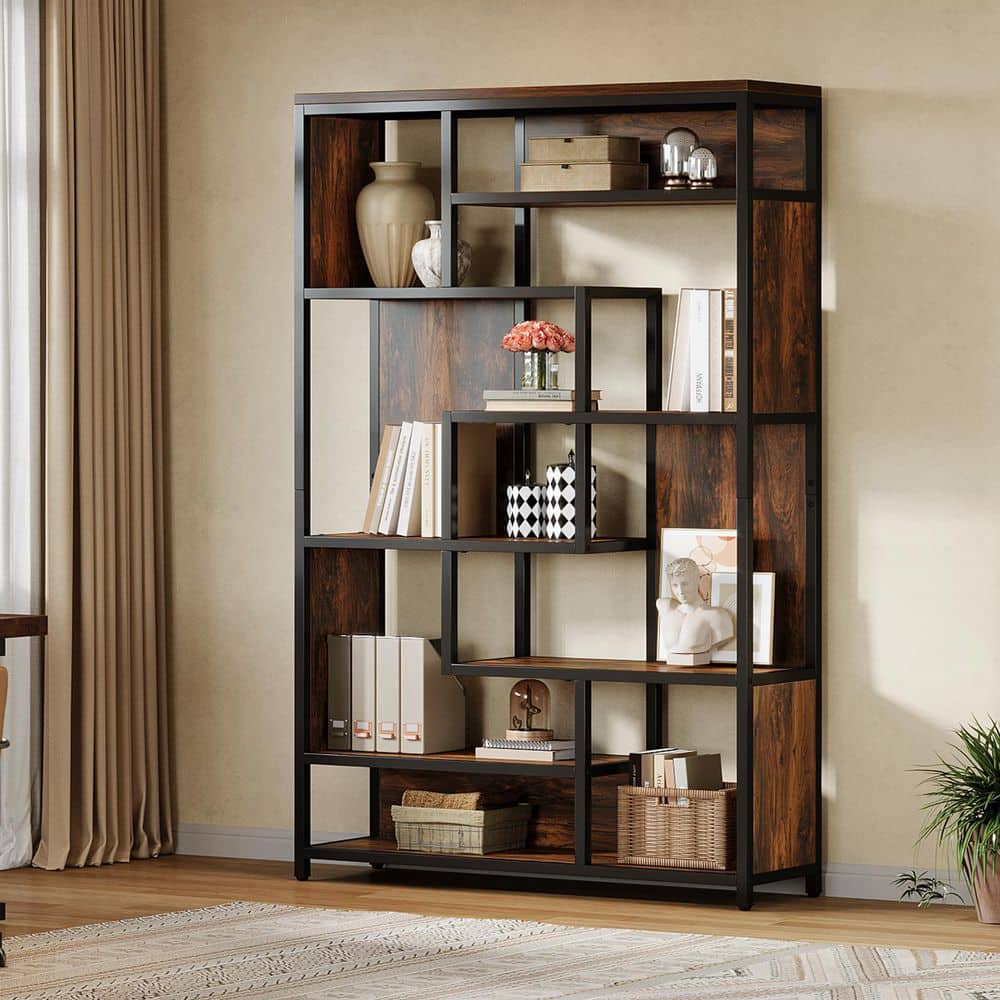 BYBLIGHT Eulas 70 in. Tall Brown and Black Wood 7-Shelf Etagere ...