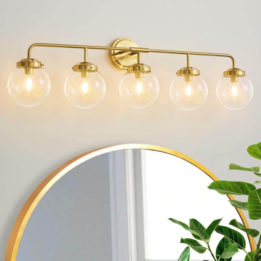 Deyidn Modern 38.98 in. 5-Light Gold Bathroom Vanity Light with Clear ...