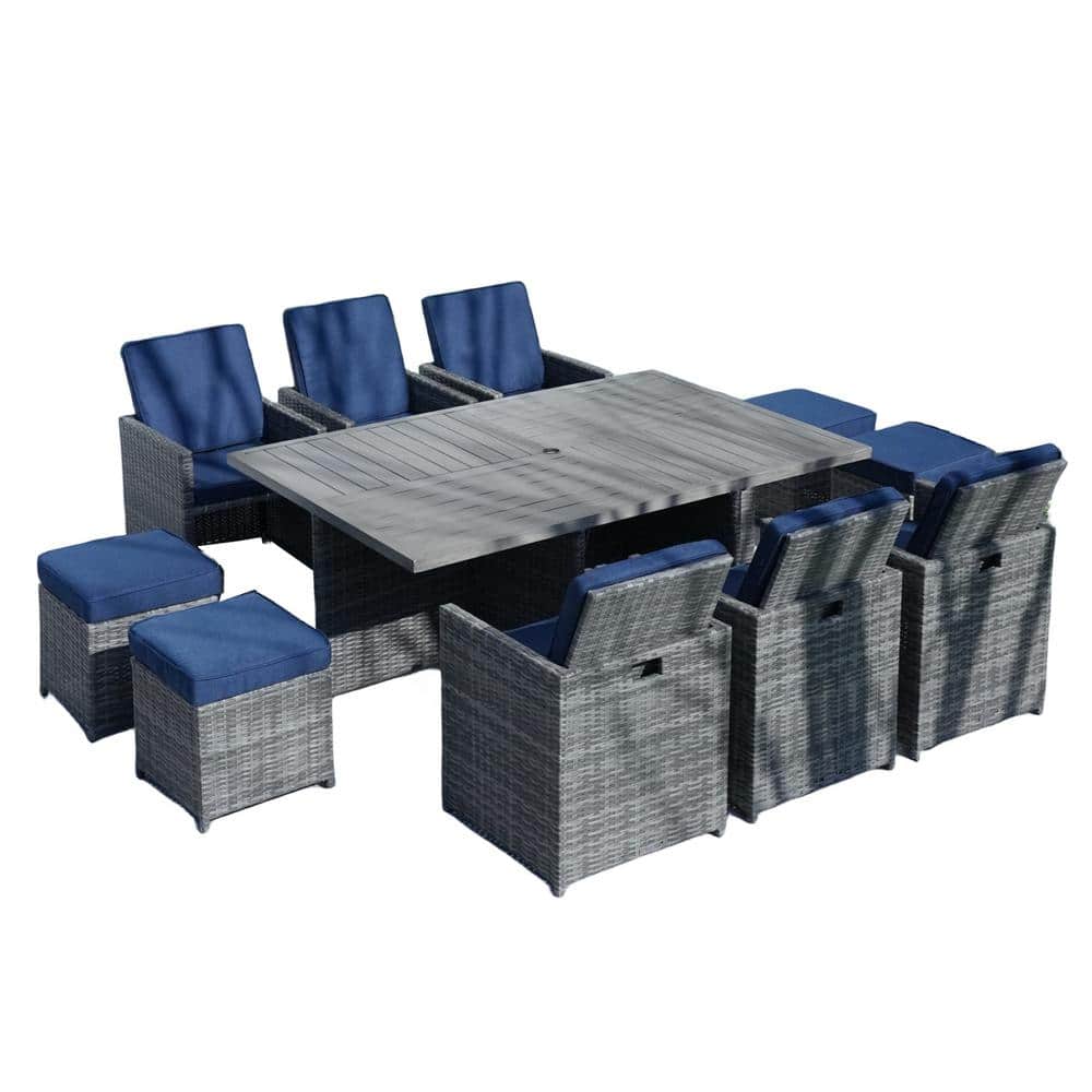 DIRECT WICKER Piping Grey 11-Piece Wicker Rectangular Outdoor Dining ...