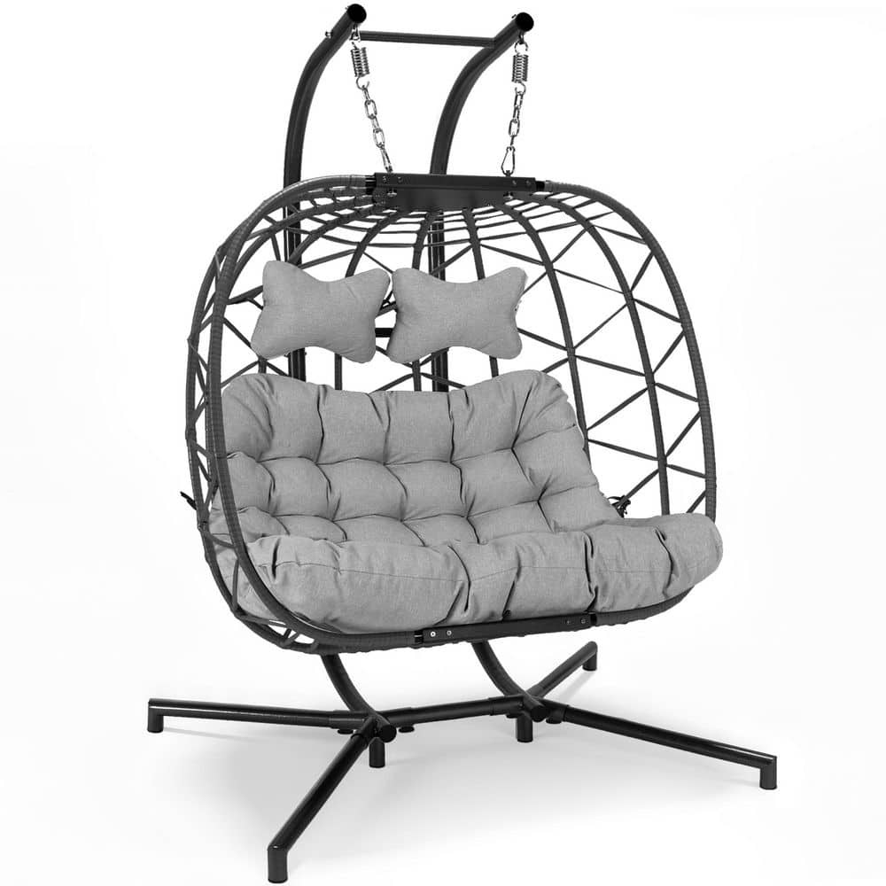 FINCATI Oversized 2-Person Charcoal Gray Wicker Double Patio Swing Egg ...