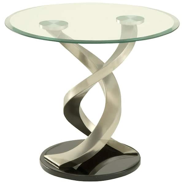 Benjara 26 in. Silver and Black Round Glass Top End Table with Twisted ...