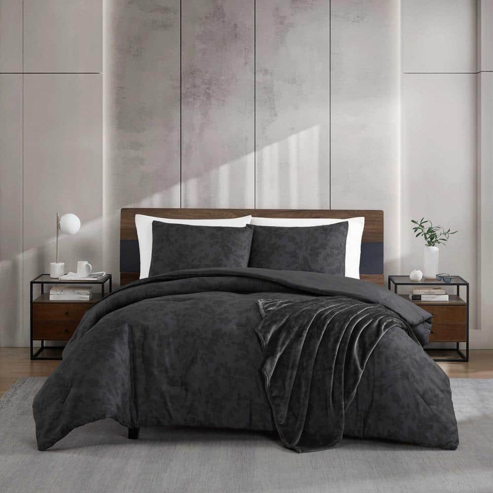 KENNETH COLE REACTION Silhouette Floral 4-Piece Black Microfiber King ...