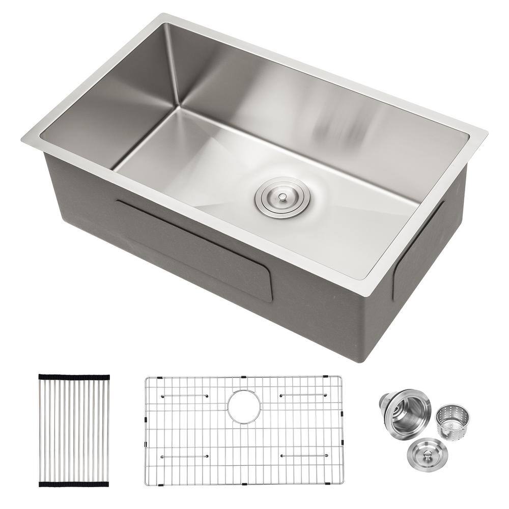 UPIKER 33 in. Undermount Single Bowl 16-Gauge Brushed Nickel Stainless ...
