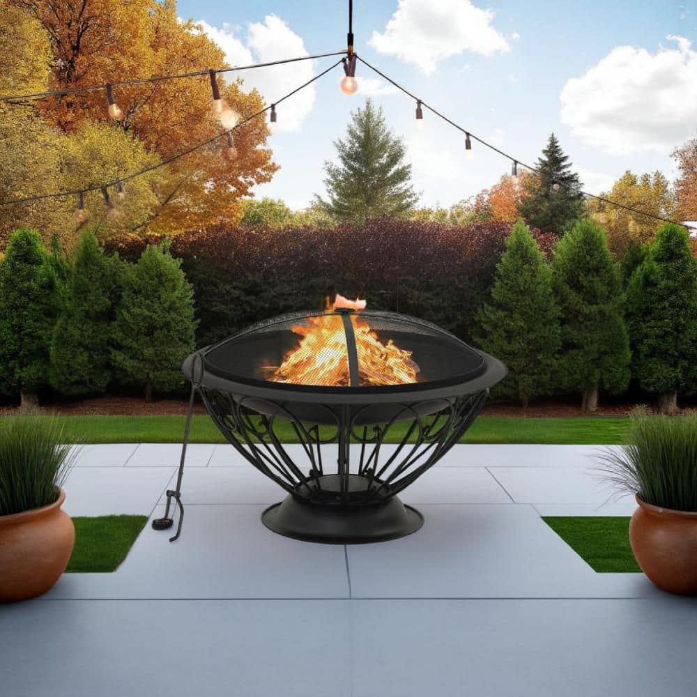 Benjara 29.5 in. Black Steel Outdoor Fire Pit with Poker and Mesh Cover BM325647 - The Home Depot