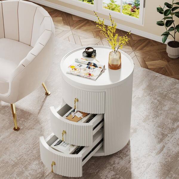 BYBLIGHT White 3 Drawers 15.94 in. W Nightstand Modern Round Bedside Table for Bedroom No Assembly BB RY0092NTGX