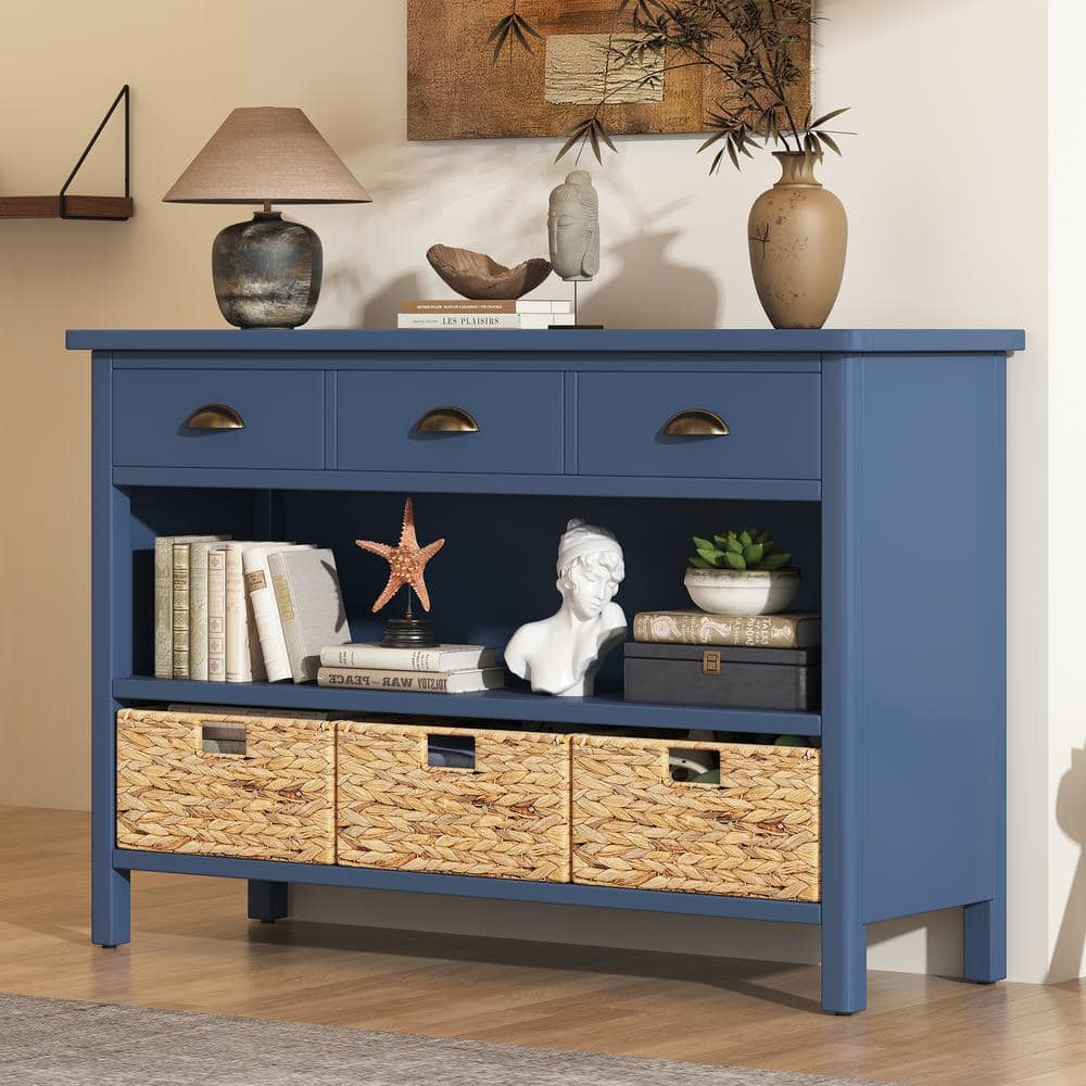 Nestfair 47 in. Navy Rectangle MDF Console Table with 3-Drawers and ...
