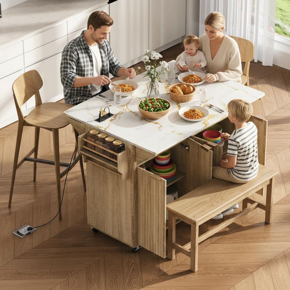 Runesay Farmhouse Natural Wood 55.5 in. Power Outlet Double-Sided Drop ...