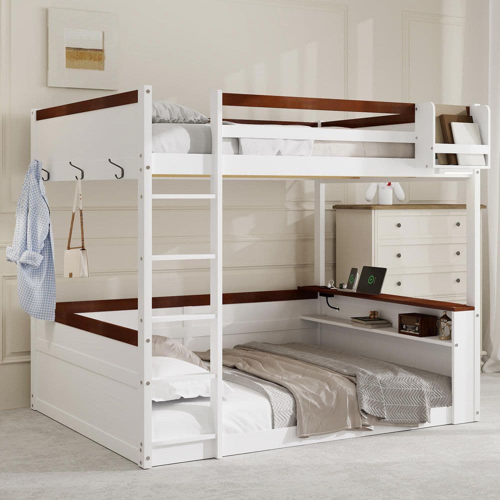 Harper & Bright Designs White Queen Size Wood Bunk Bed with Ladder ...