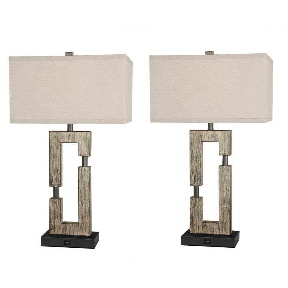 Pia Ricco 25.9 in. Wood Oatmeal Modern Minimalist USB Port Table Lamp ...