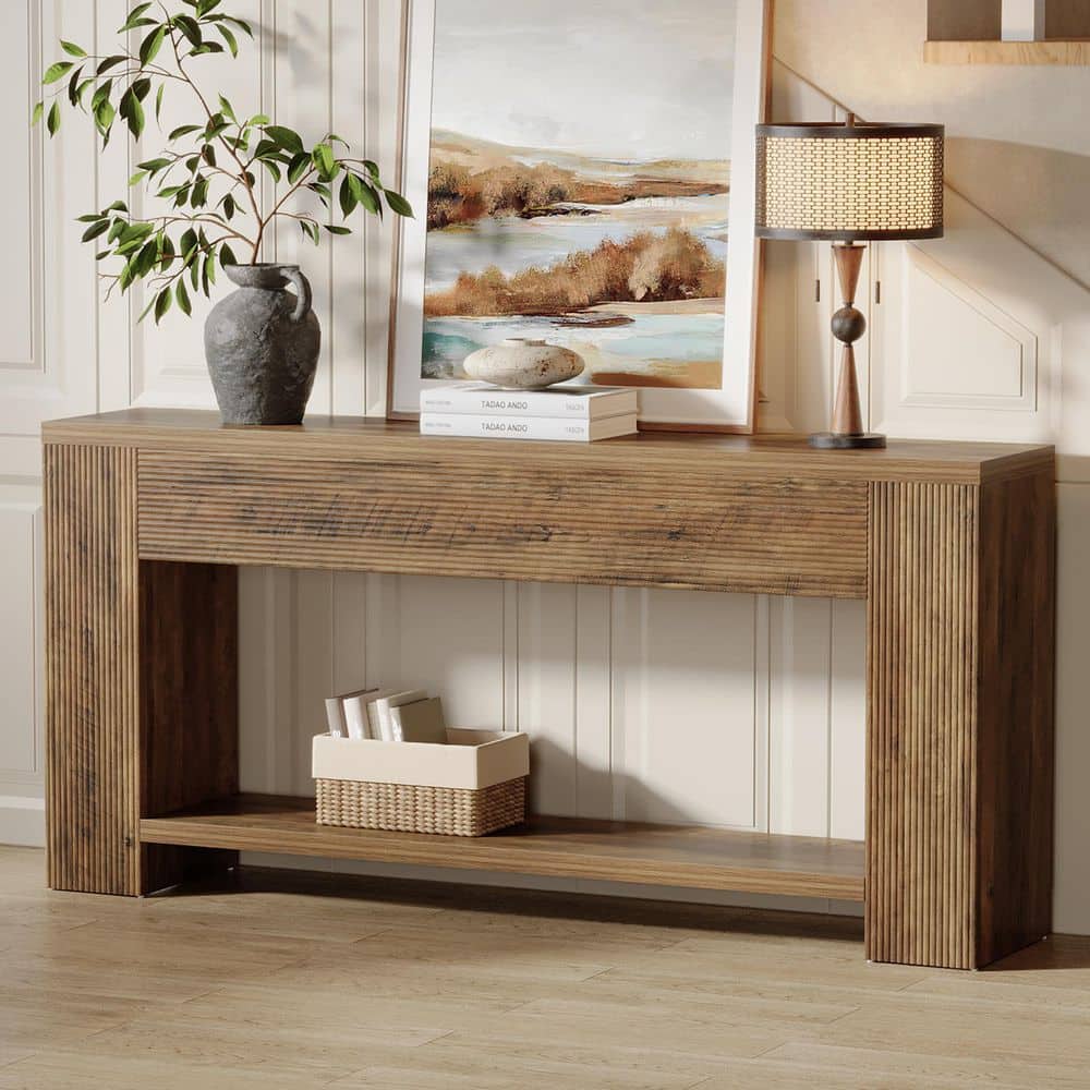 BYBLIGHT Turrella 71 in. Brown Rectangle Wood Console Table, Narrow ...