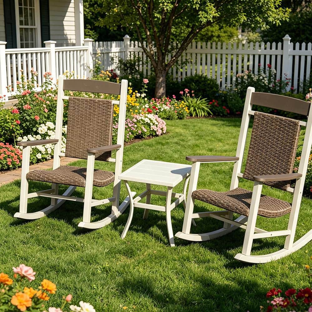 Boosicavelly Gray and White Plastic Outdoor Rocking Chair Set of 3 ...