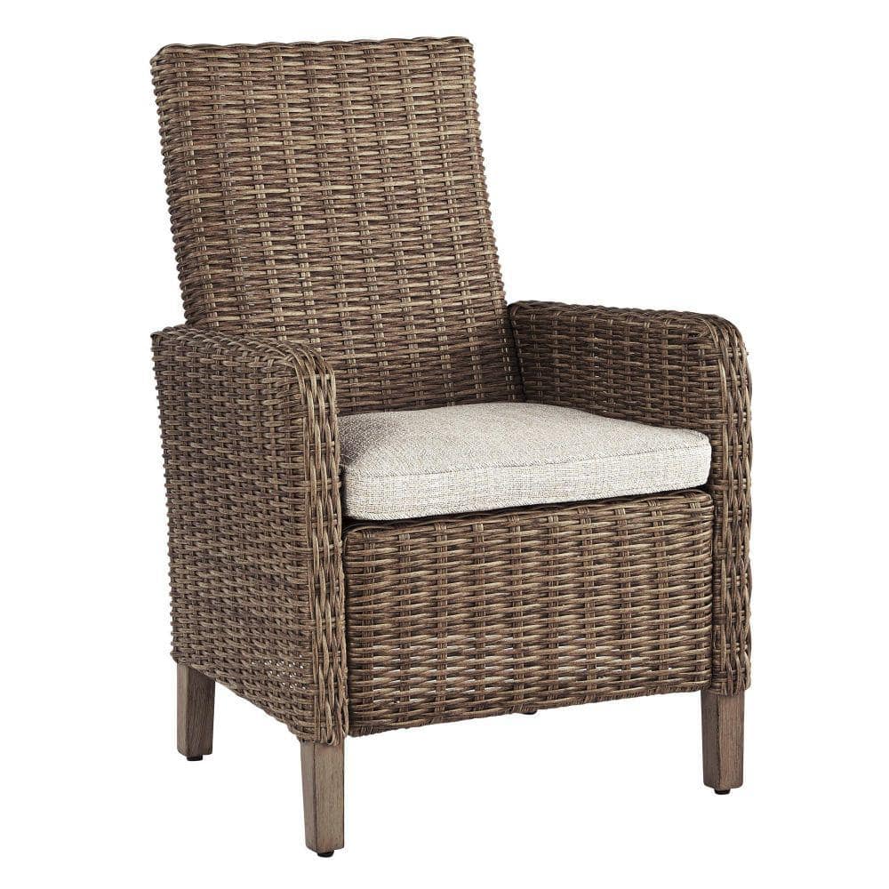 Benjara Beige and Brown Fabric Arm Chair with Handwoven Wicker Frame ...