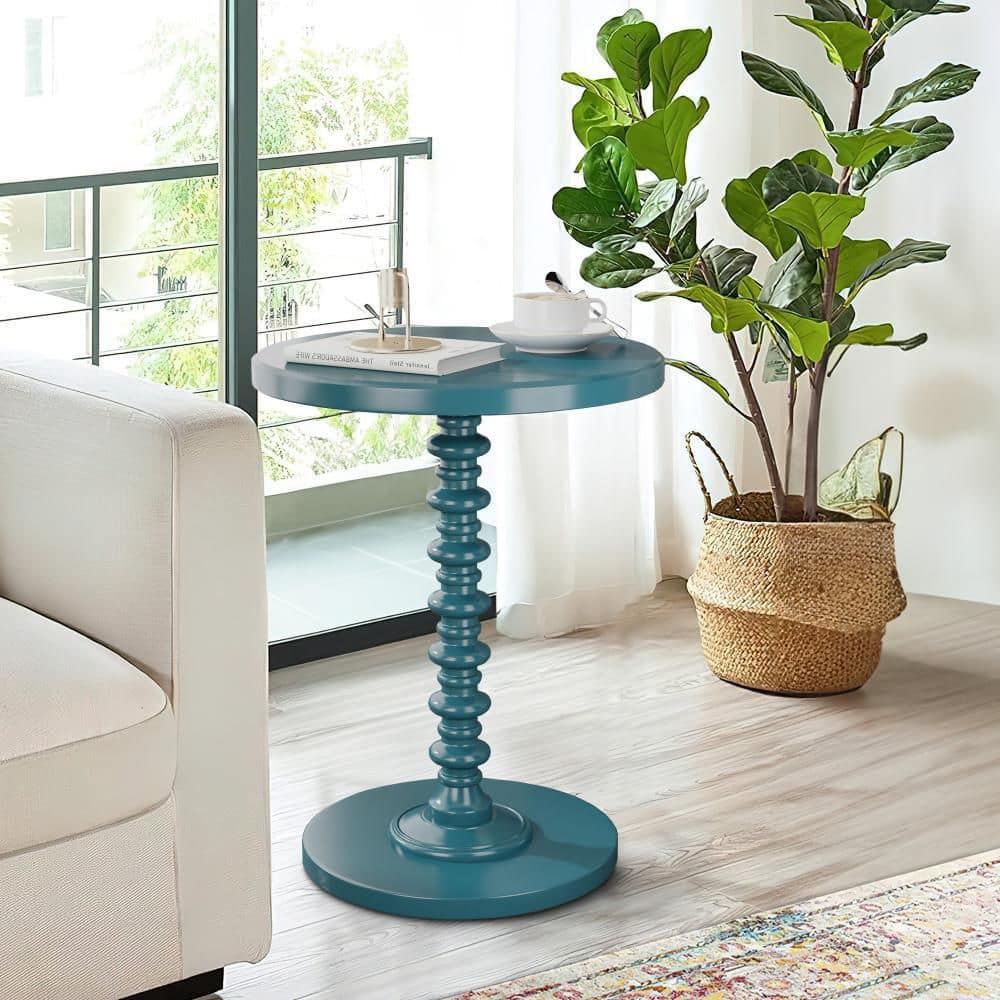 Benjara 17 in. Teal Blue Round Wood End Table with Wooden Frame ...
