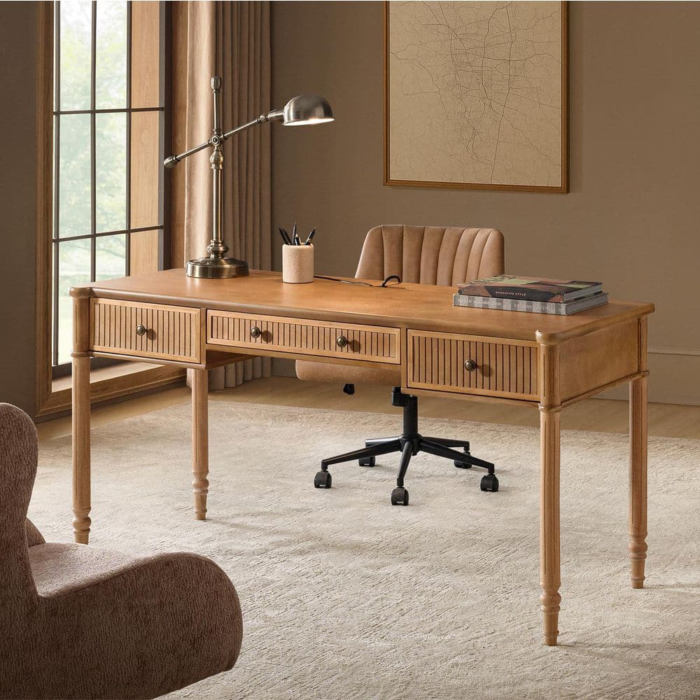 JAYDEN CREATION Roland 60 in. Rectangle Teak Wood 3-Drawers Desk with ...
