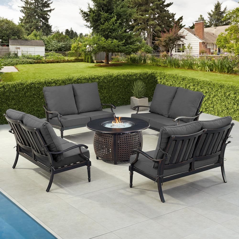 Oakland Living Black 5-Piece Aluminum Patio Fire Pit Set with Black ...
