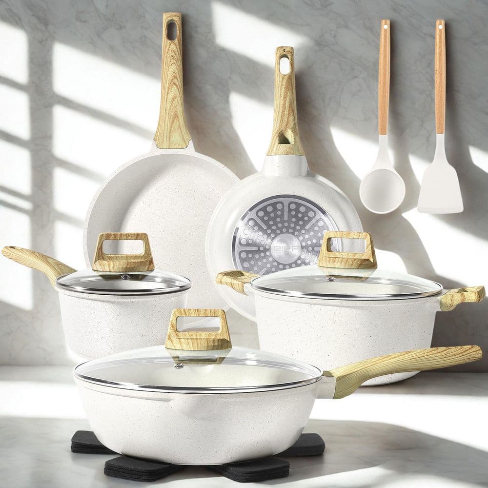 4.5 qt. Granite Cookware Set - 14 Pcs White Nonstick Kitchen Stock Pot ...