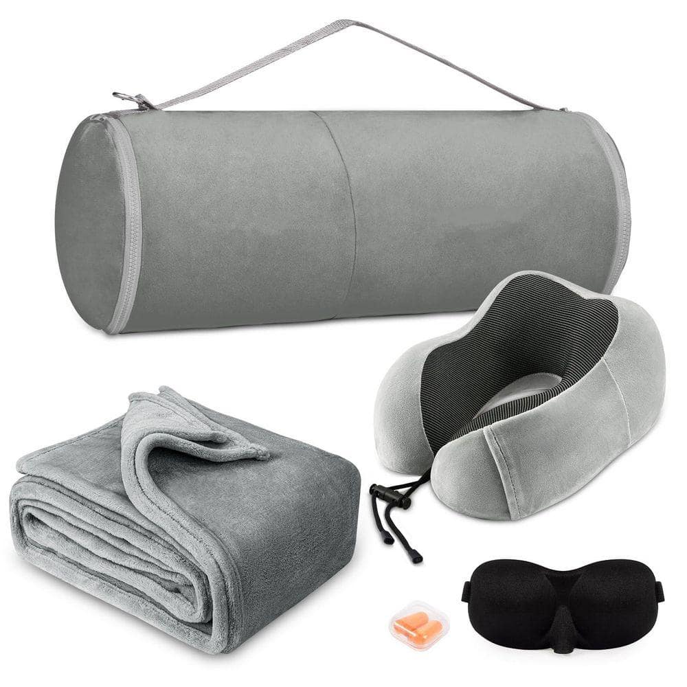 Angel Sar Gray Travel Pillow and Blanket Set with Sleep Mask, Memory ...