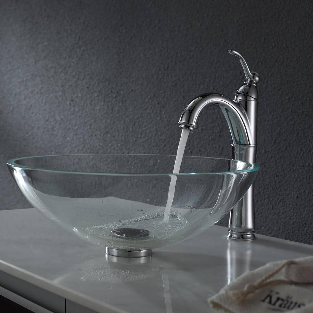 KRAUS Single-Tone 16.5 in. Round Vessel Bathroom Sink in Crystal Clear ...