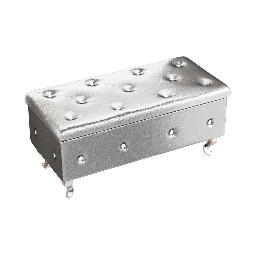 mieres Silver Faux Leather Rectangular Storage Ottoman Bench Hinged Lid ...