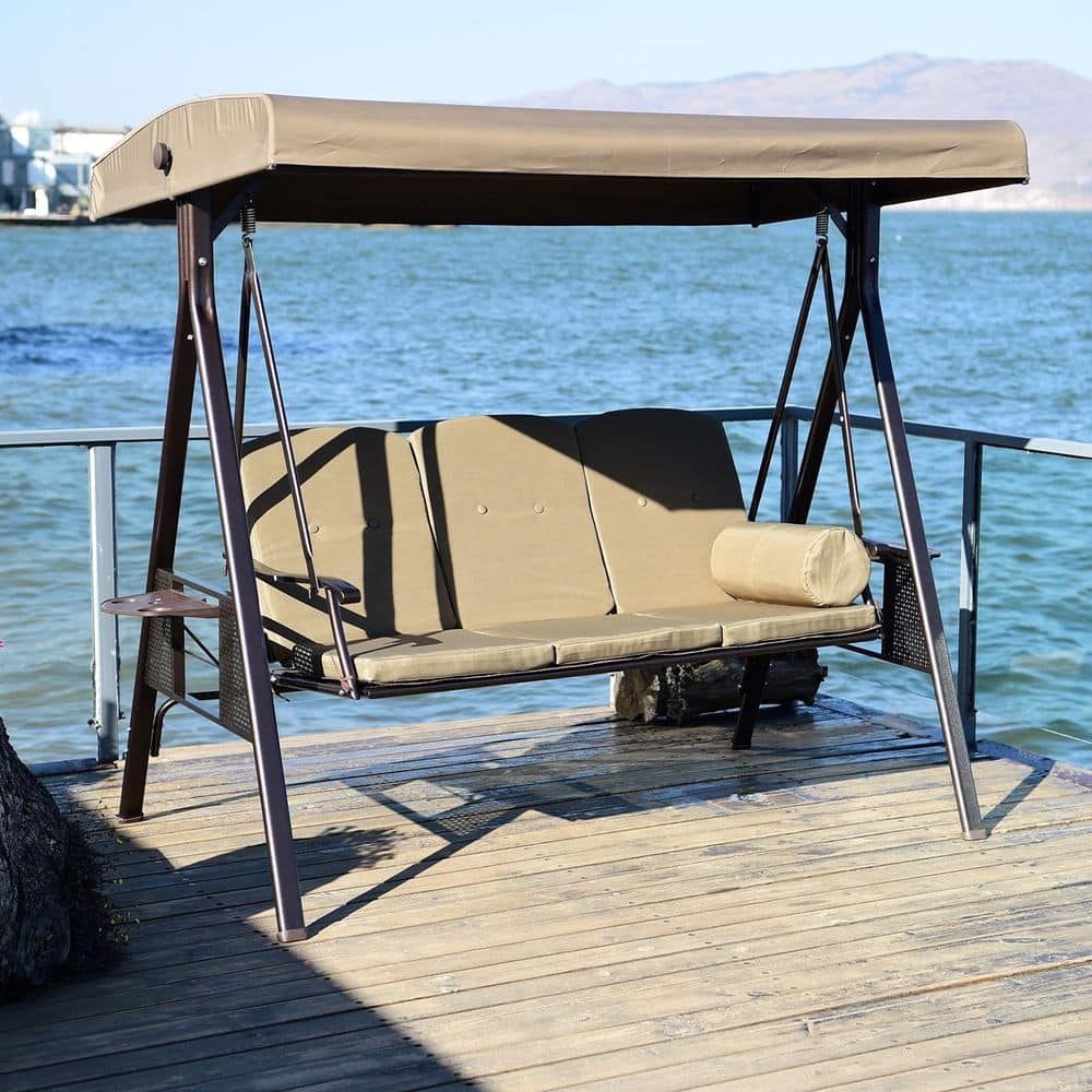 PURPLE LEAF 3-Person Steel Metal Patio Swing with Foldable Side Table ...