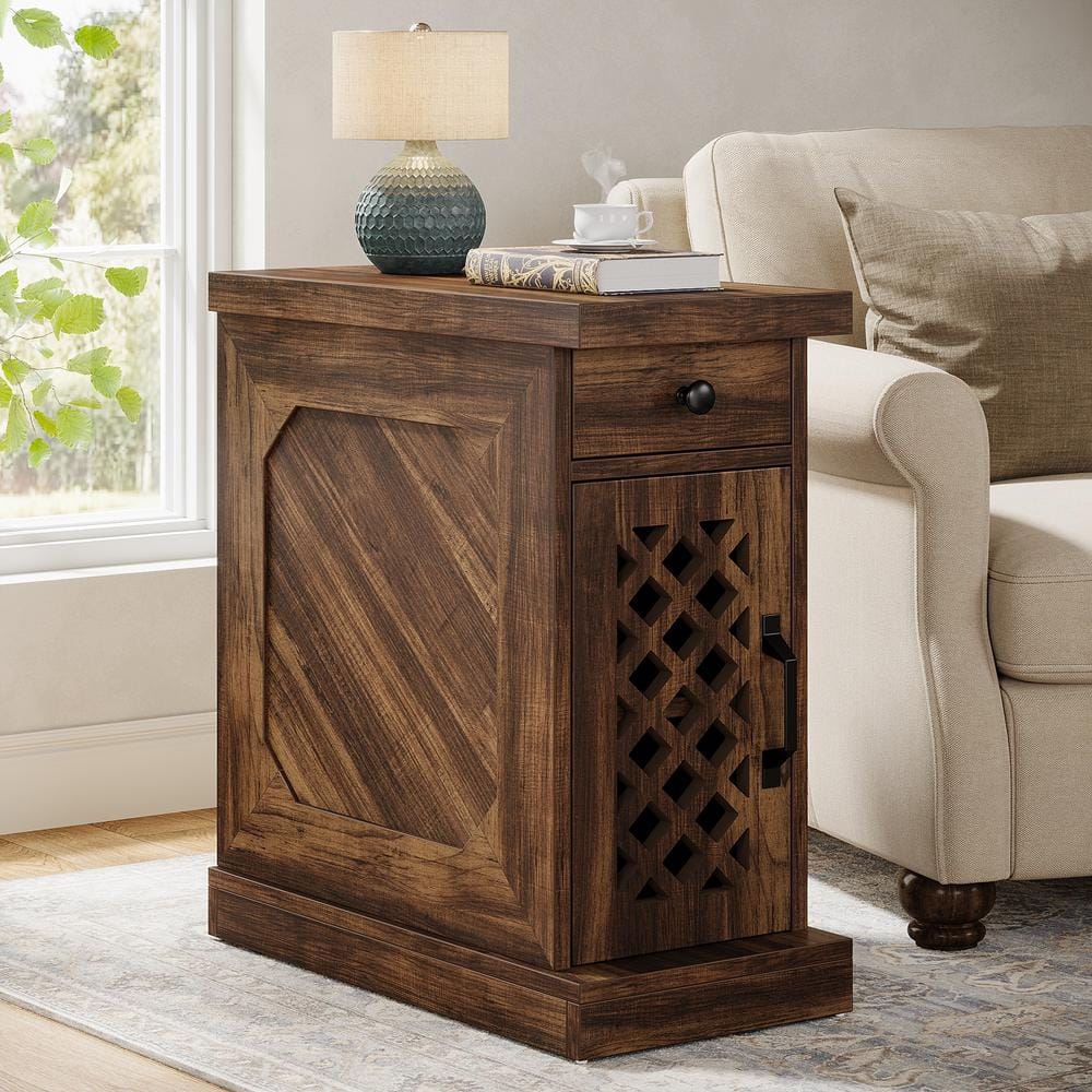 BYBLIGHT 23.6 in. Brown Rectangle Engineered Wood Narrow End Table Set ...