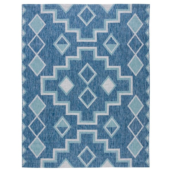 SAFAVIEH Courtyard Navy/Aqua 8 ft. x 10 ft. Aztec Tribal Indoor/Outdoor ...