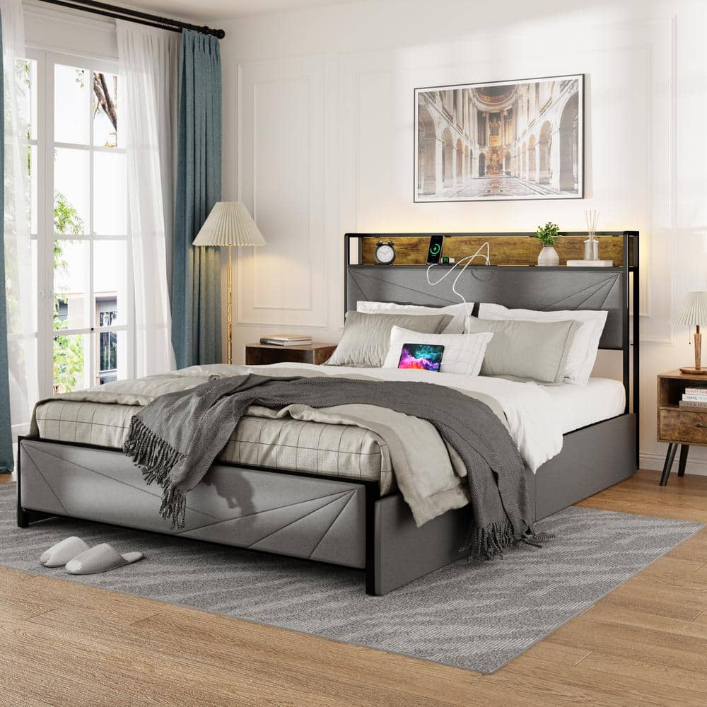 sumyeg Dark Gray Wood Frame Queen Platform Bed with 4 Storage Drawers ...