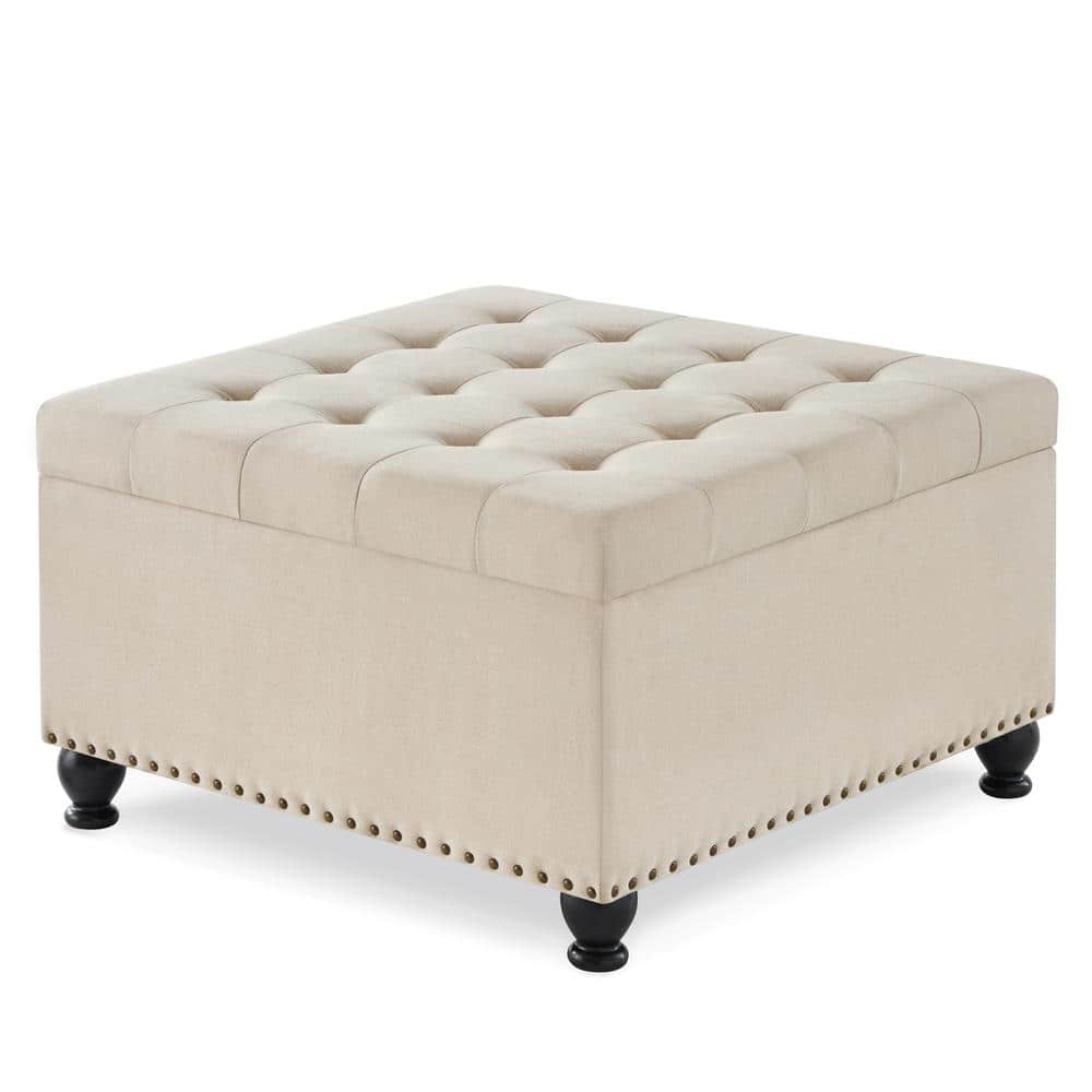 Tileon Large Square Storage Table with Wood Legs, Upholstered Tufted ...
