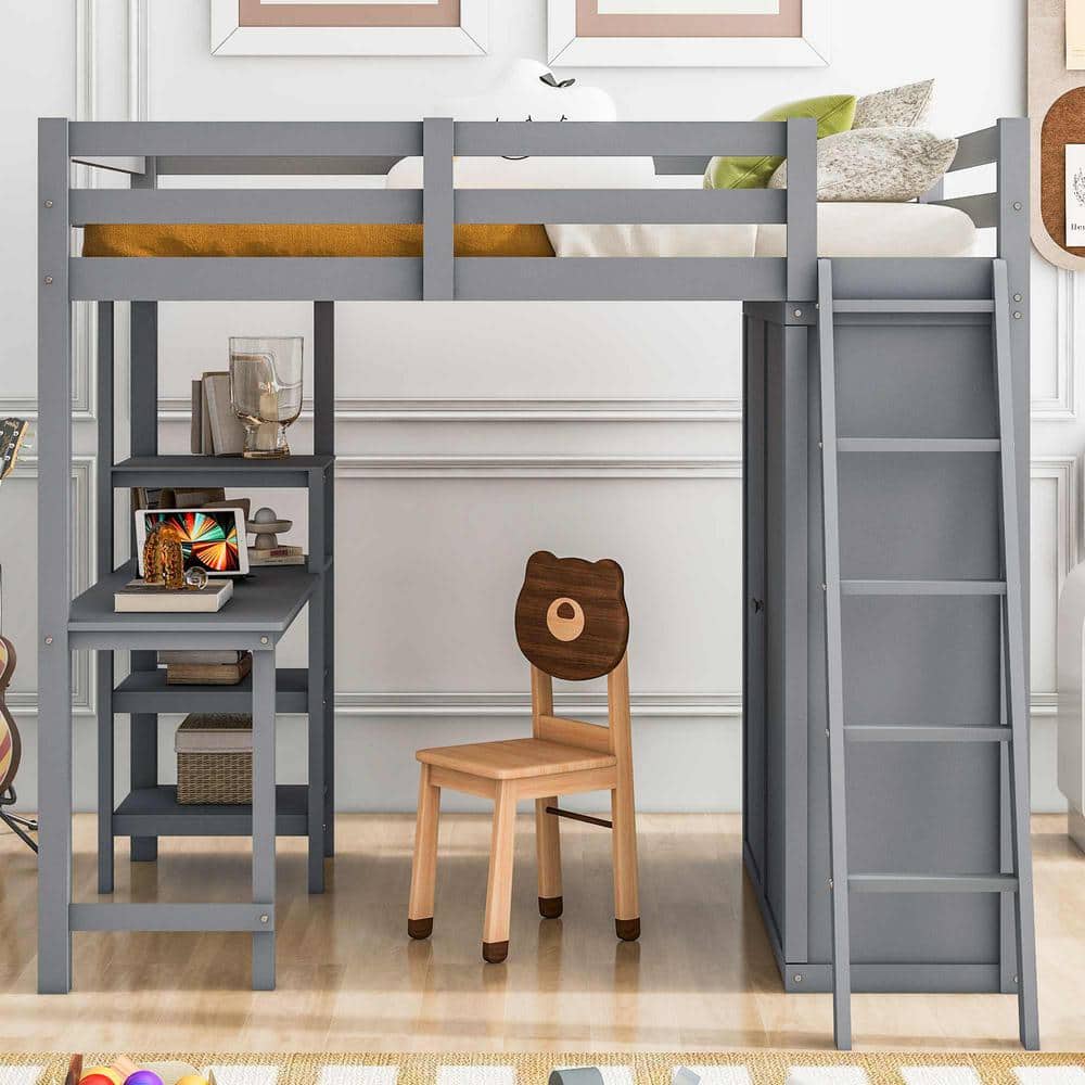 Polibi Full Size Loft Bed with Wardrobe and Desk and Shelves, Gray RS-24356AAEF - The Home Depot