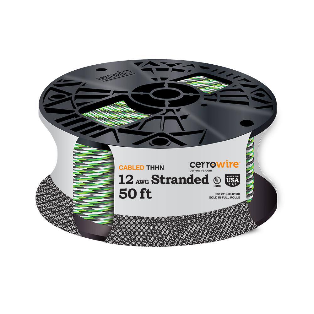 Cerrowire 50 ft. 12/3 Black /White /Green Stranded Copper THHN Wire 112 ...