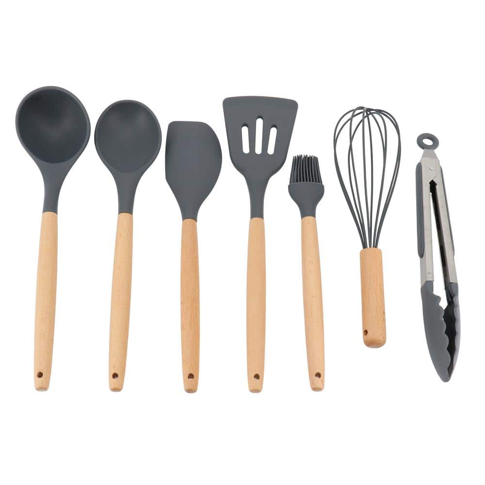 Gibson Home Holton 7 Piece Silicone Beech Wood Kitchen Tool Set in Grey ...