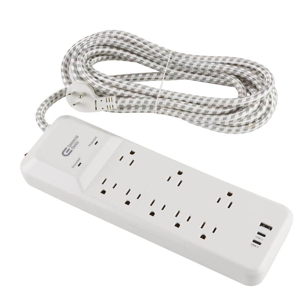 Commercial Electric 12 ft. 8-Outlet Surge Protector Braided Cord with 1 ...