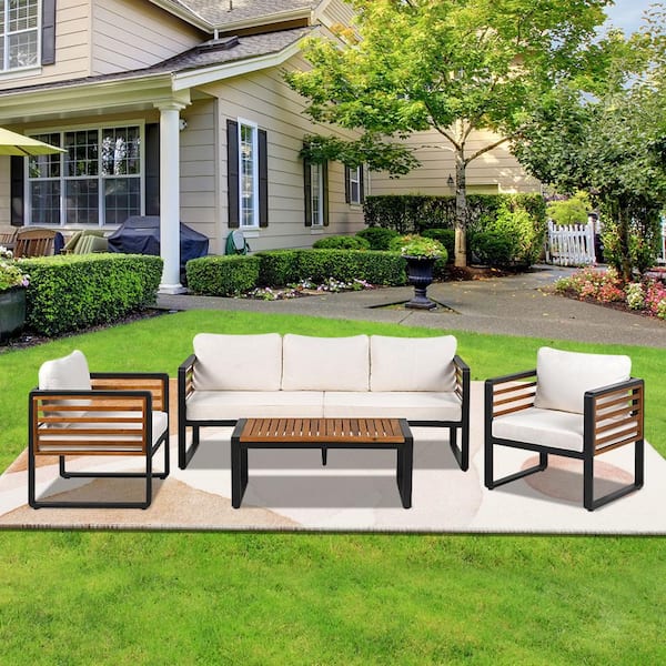 Tenleaf 4-Piece Black Metal Patio Conversation Set with Beige Cushions ...
