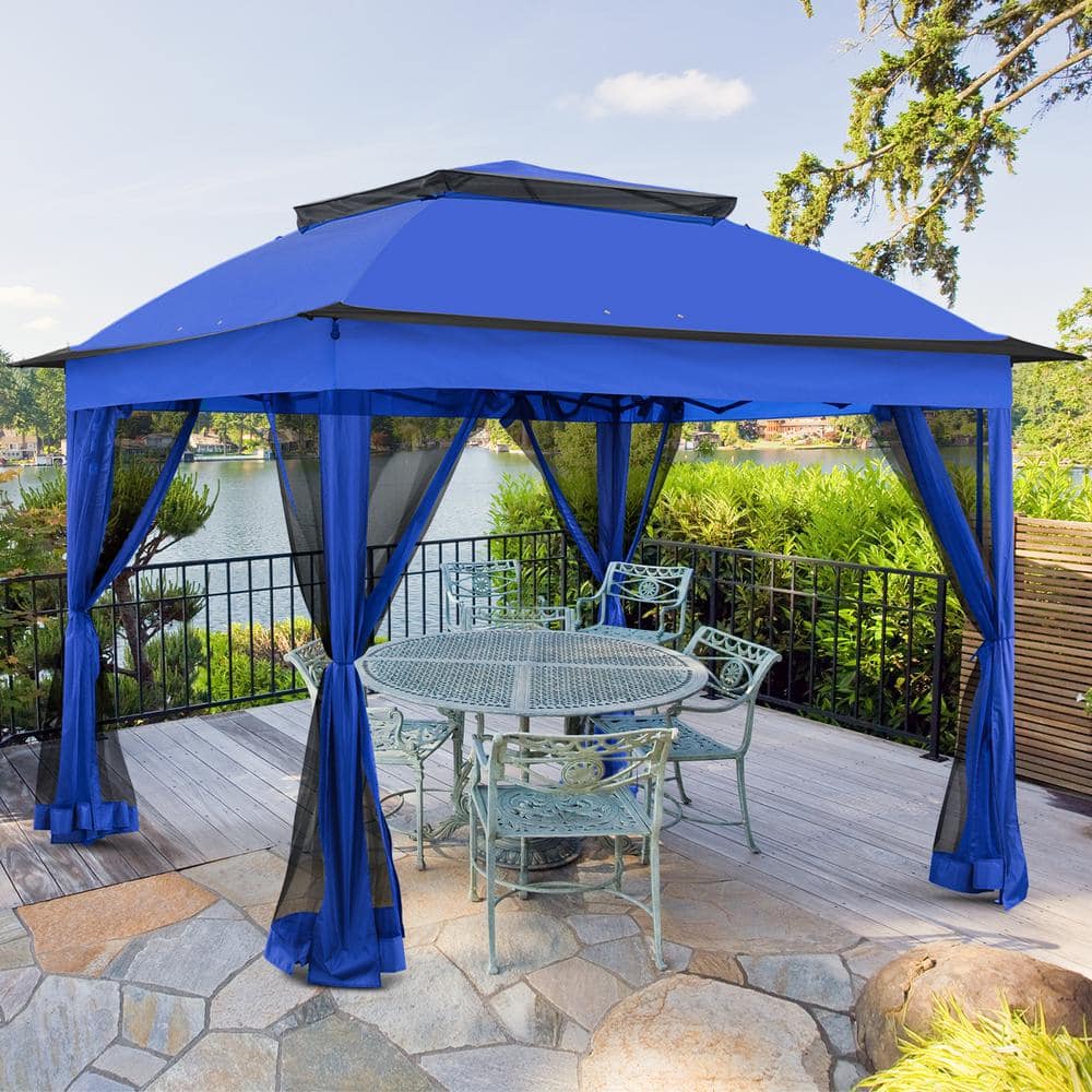 COOS BAY 11 ft. x 11 ft. Blue Steel Pop-Up Gazebo with Mosquito Netting ...