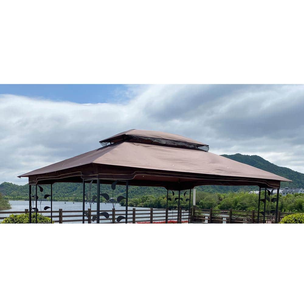 Cesicia 13 ft. x 10 ft. Brown Fabric Patio Double Roof Replacement ...