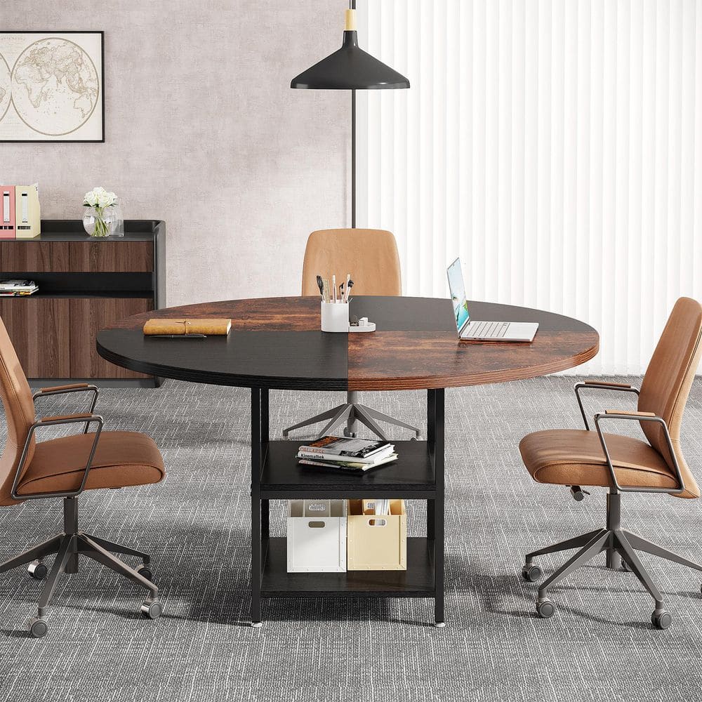 BYBLIGHT Moronia 47.25 in. Round Conference Table with 2 Storage ...