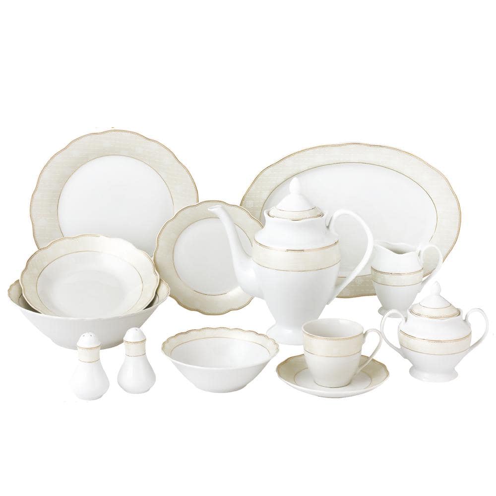 Lorren Home Trends 57-Piece Specialty Gold Accent Porcelain Dinnerware ...