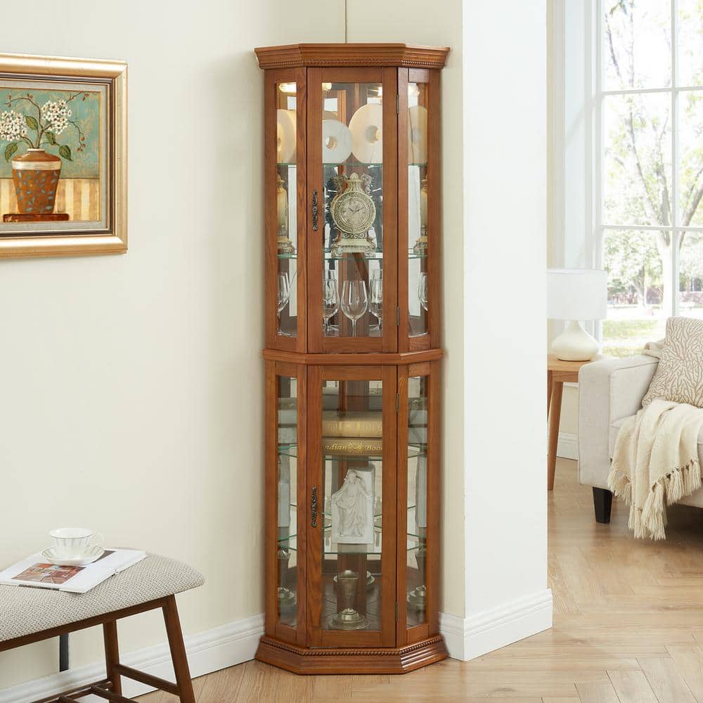 16-Bottle Oak Corner Curio Cabinet Lighted Corner Display, Glass ...