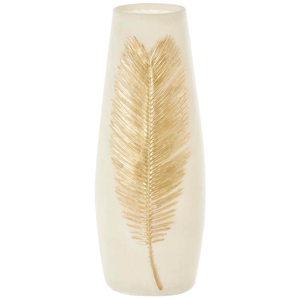 Litton Lane 16 in. Cream Polystone Leaf Decorative Vase with Gold Leaf ...