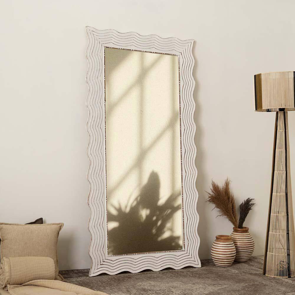 Rustic White 36 in. W x 72 in. H Wood Frame Handcarved Wave Design ...