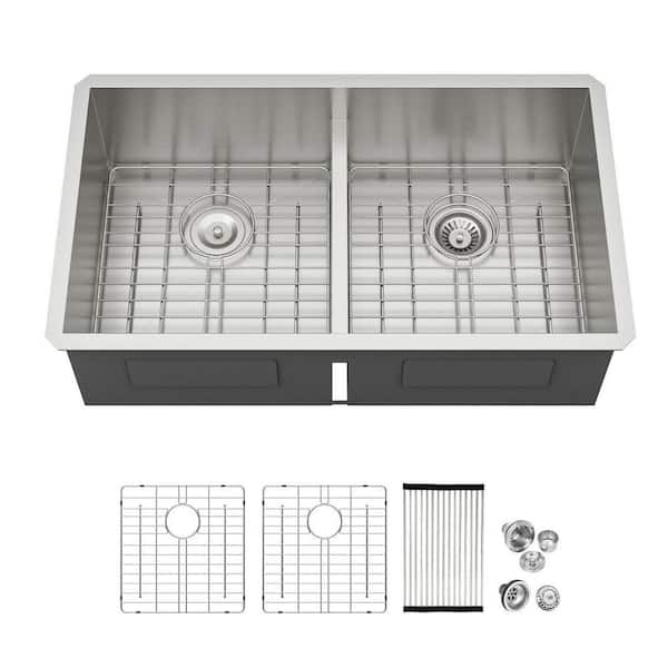Sarlai 33 in. Undermount 50/50 Double Bowl 16 Gauge Gunmetal Black ...