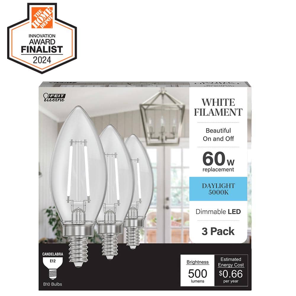 Feit Electric 60 Watt Equivalent B10 E12 Candelabra Dim White Filament Clear Glass Chandelier LED Light Bulb Daylight 5000K 3 Pack CTC60950CAWFILHDRP 3 The Home Depot