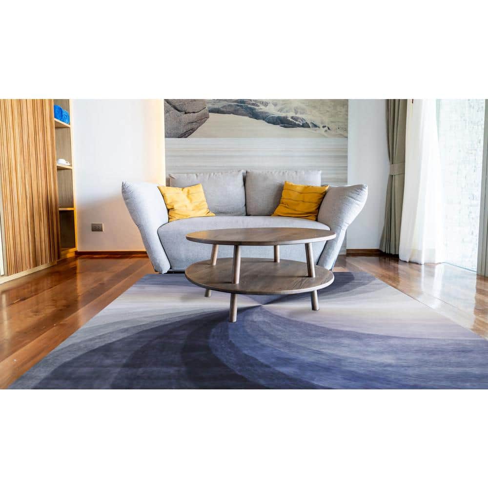 EORC Swirl Blue 10 ft. Round Hand-Tufted Wool Contemporary Area Rug ...